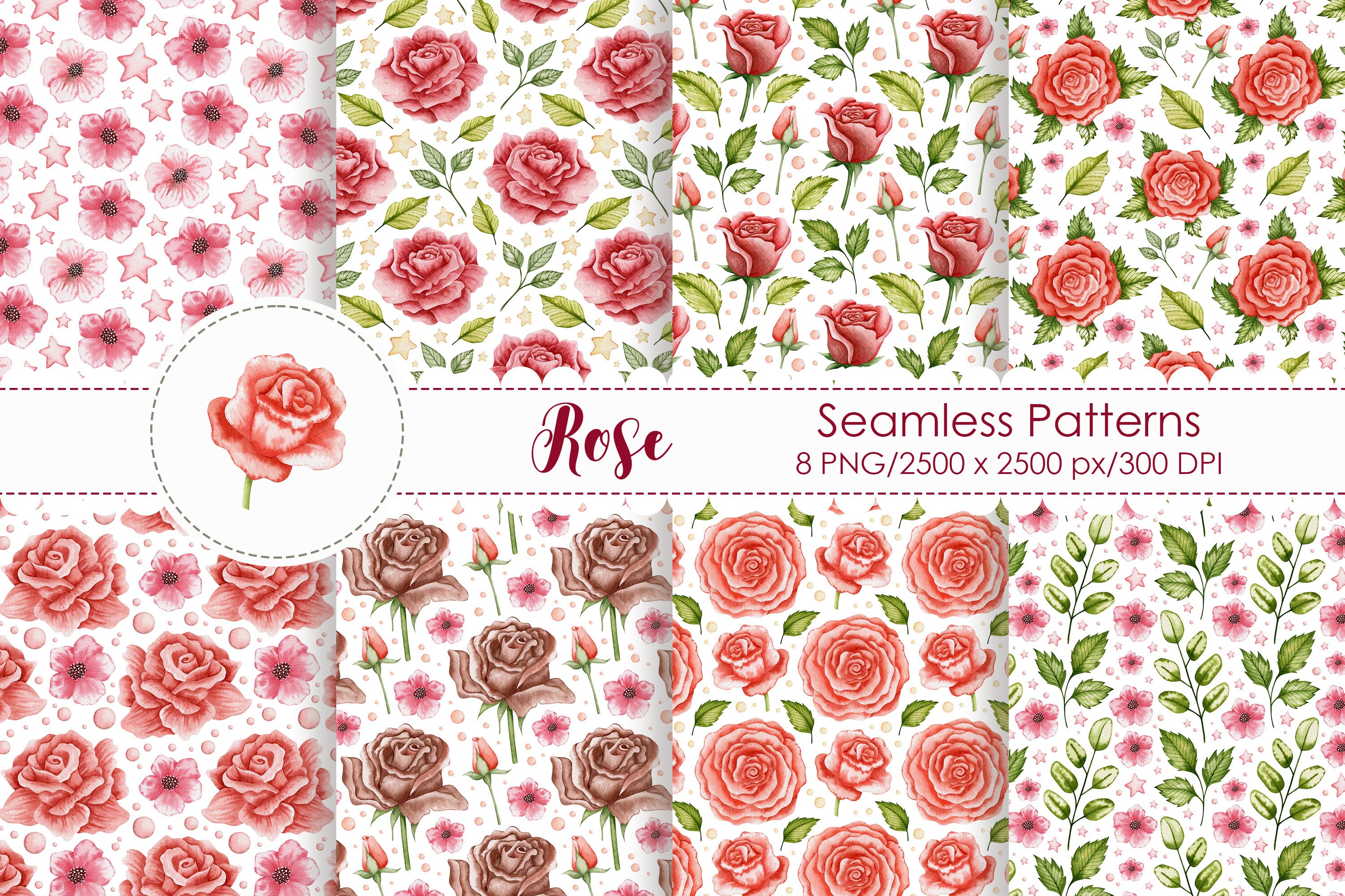 Watercolor Pink Roses Seamless Patterns: Boho Floral Paper (digital ...