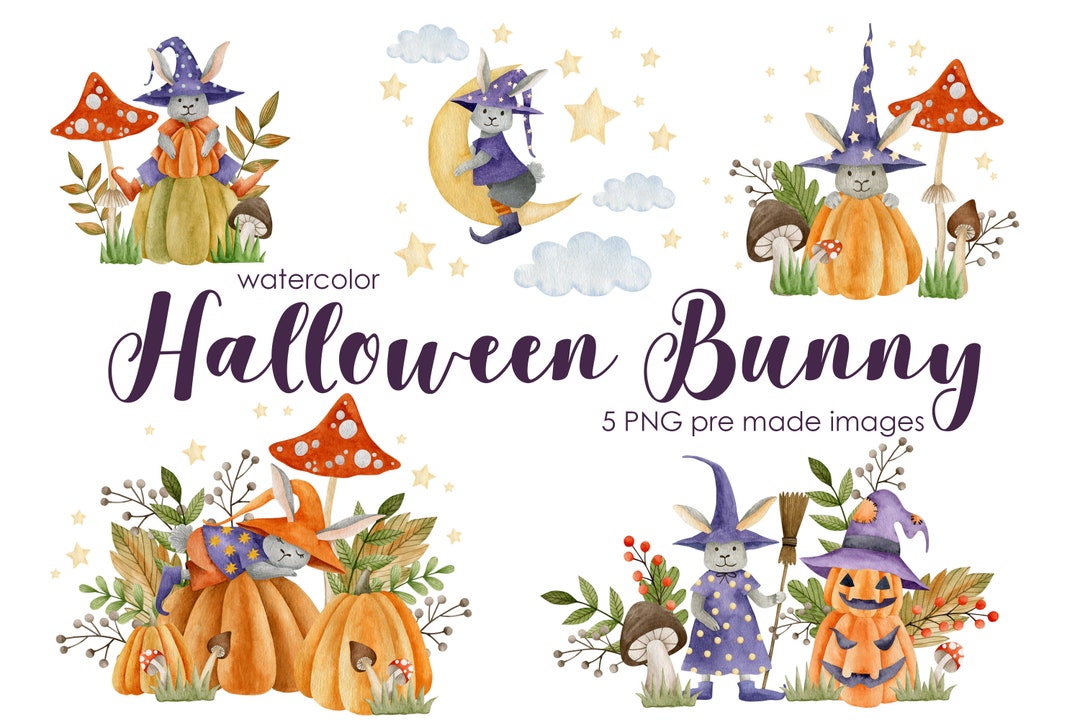 Watercolor Halloween Clipart Cute Bunnies Clipart Halloween - Etsy