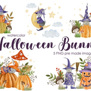 Watercolor Halloween Clipart Cute Bunnies Clipart Halloween - Etsy