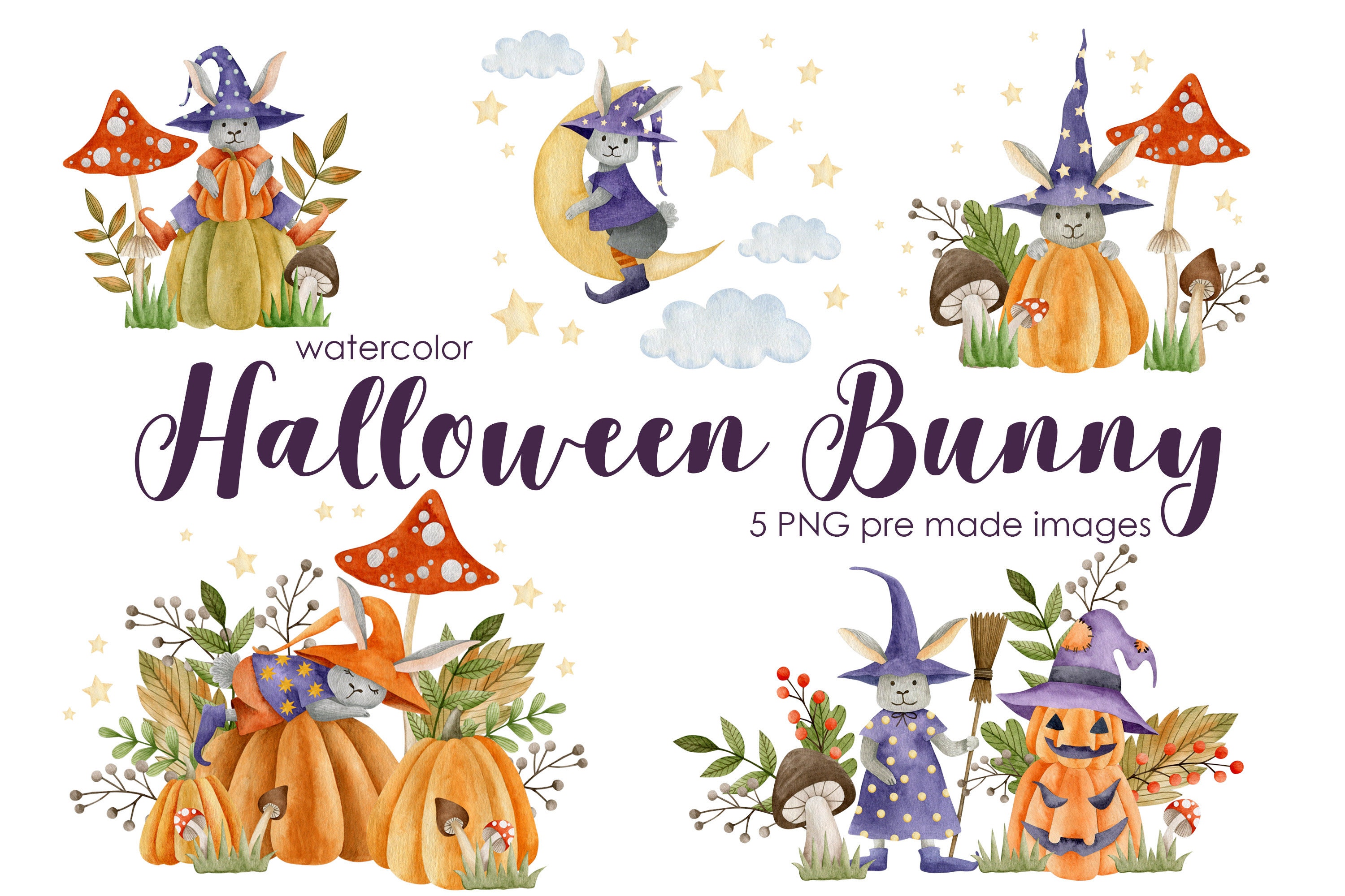 Watercolor Halloween Clipart Cute Bunnies Clipart Halloween - Etsy