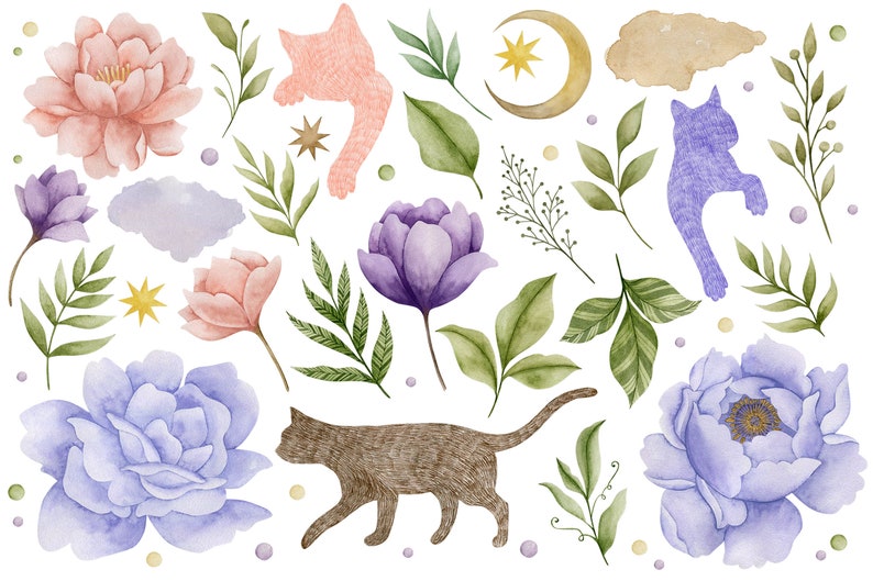 Watercolor Cats and Flowers Clipart, Flower Clipart, Cats Clipart, Cat ...
