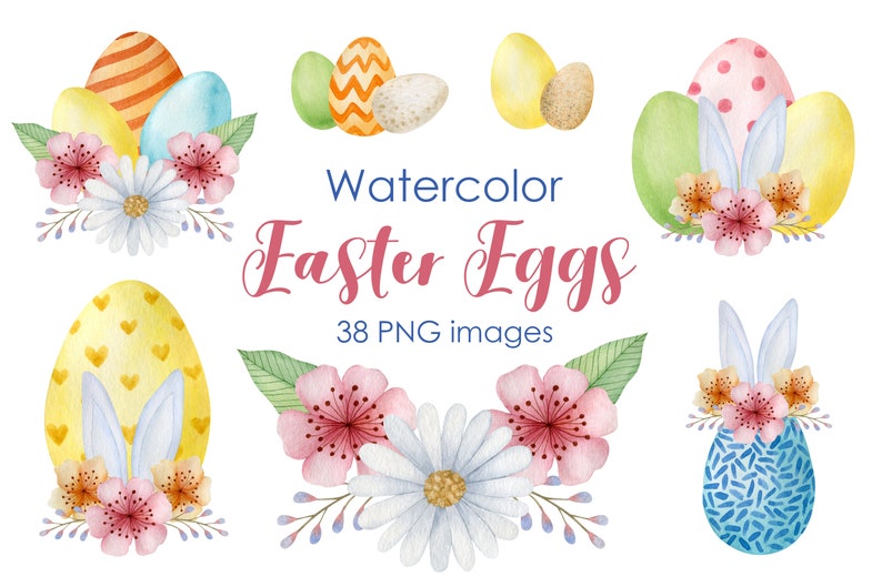 Watercolor Easter Eggs Clipart, Cute Bunny Ears Clipart,spring Clip Art ...