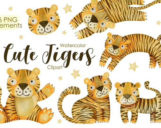 Cute Watercolor Tigers Clipart, Jungle Animals (PNG Digital Download ...