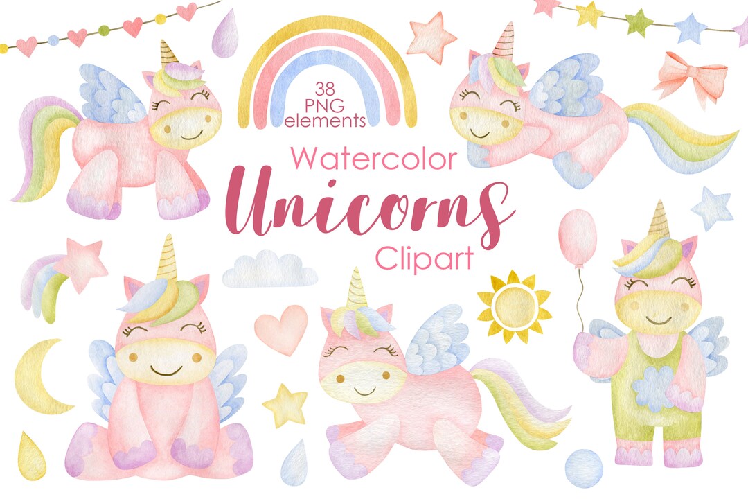 Watercolor Unicorns Clipart, Rainbow Unicorns, Instant Download, Hearts ...