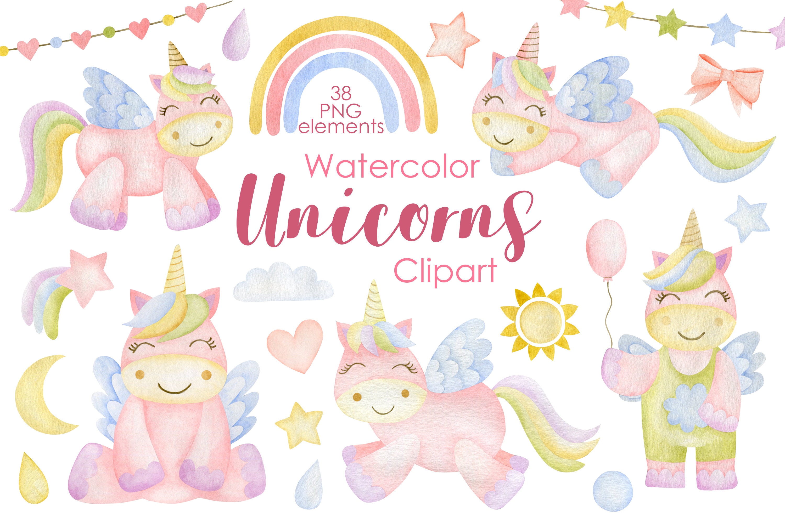 Watercolor Unicorns Clipart, Rainbow Unicorns, Instant Download, Hearts ...