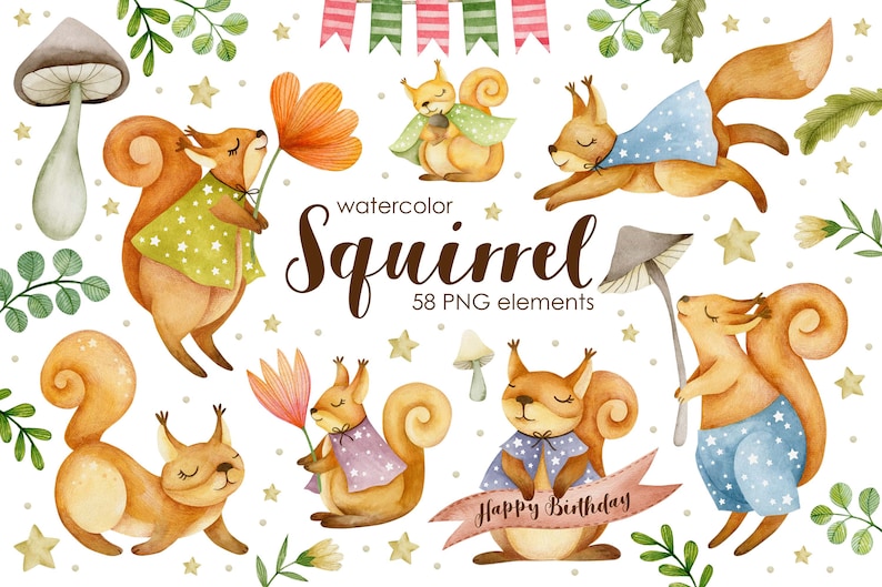 Watercolor Squirrel Clipart, Little Squirrel, Cute Squirrel Clipart ...