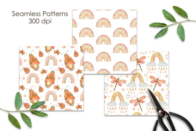 Watercolor Boho Rainbow, Butterfly Digital Paper Pack , Nursery ...