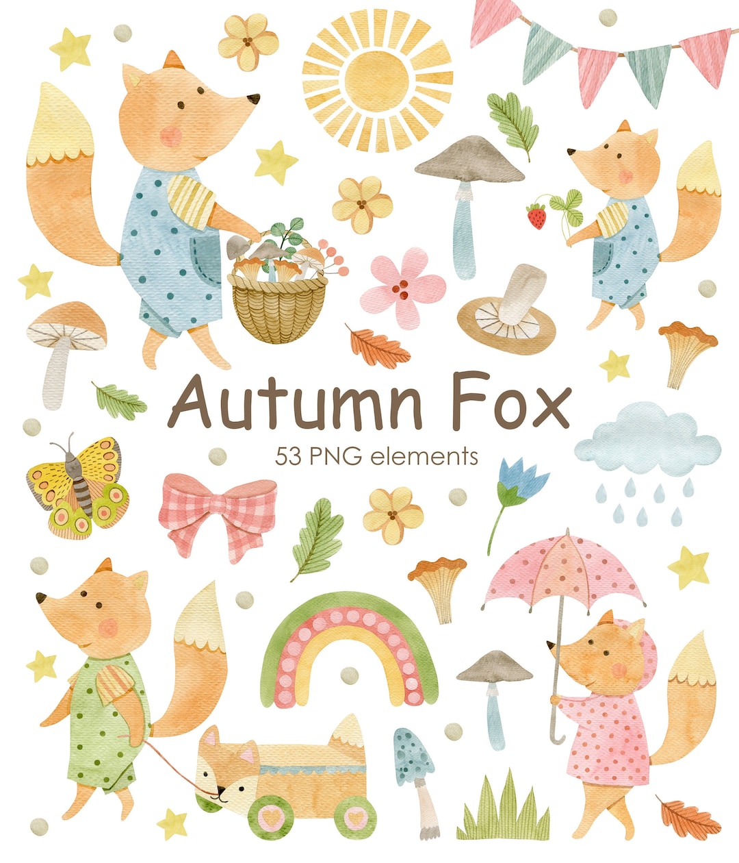 Watercolor Autumn Fox Clipart, Mushroom, Leaves (PNG, JPG) - Etsy