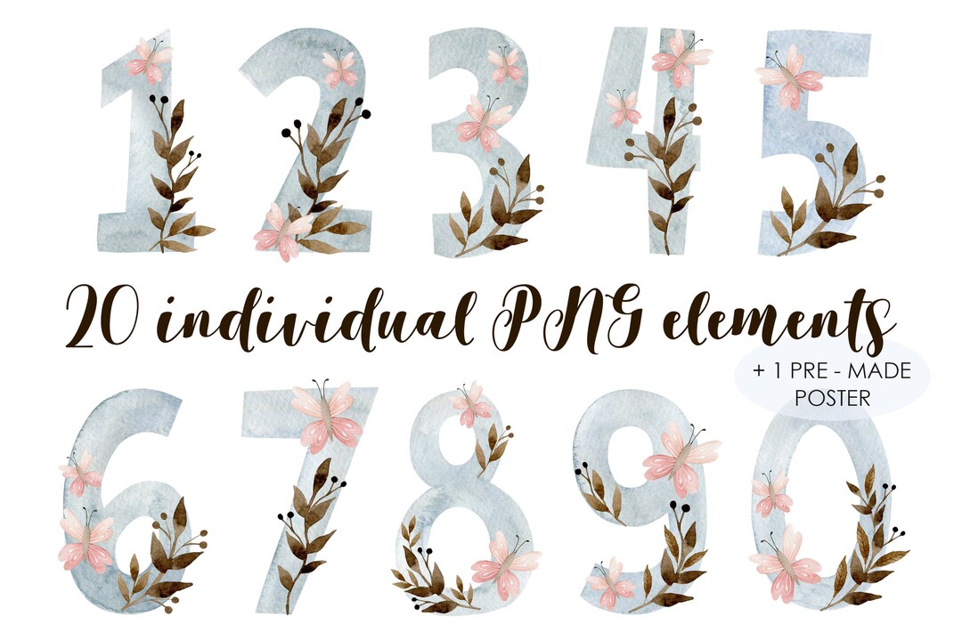 Watercolor Blue Numbers Clipart, Number Clipart, Girls Symbols, Digital ...