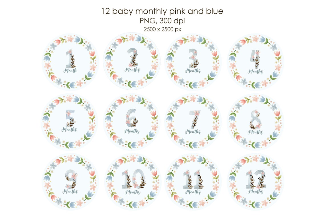 Blue Baby Monthly Milestone, Watercolor Clipart, Baby Shower, Cards ...