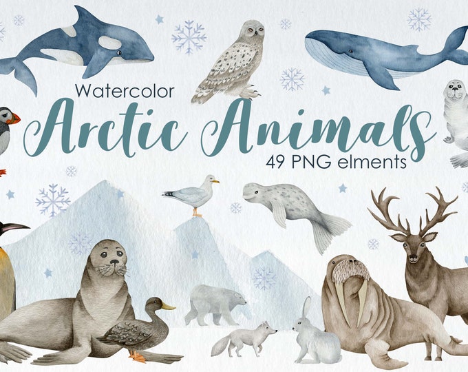Watercolor Arctic Animal Clip Art, Polar Animals, Reindeer, Bear, Fox ...