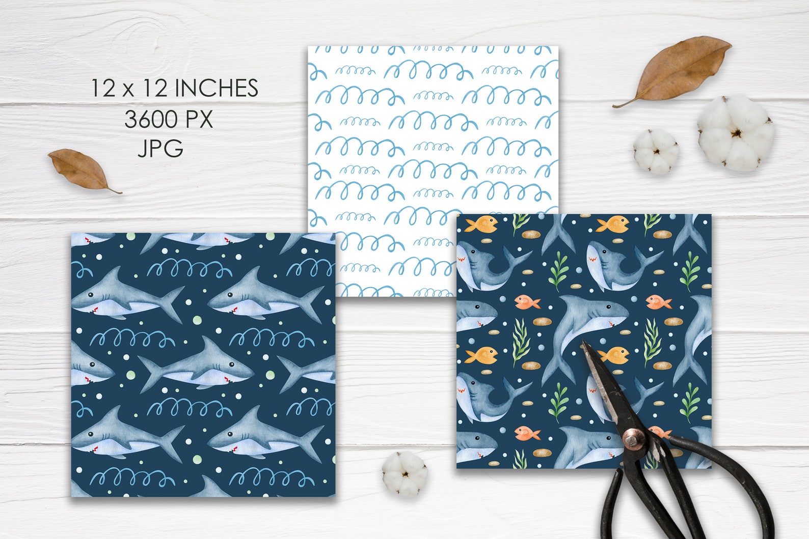 Watercolor Shark Digital Paper Pack Sea Animals Download - Etsy