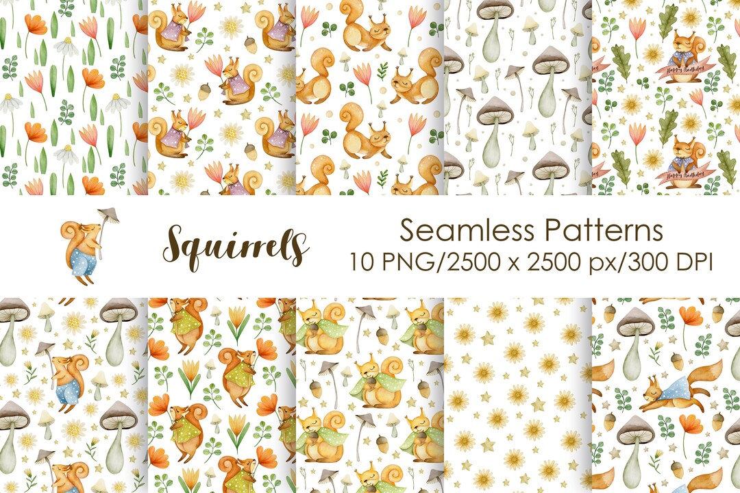 Watercolor Squirrel, Squirrels Digital Paper Pack, Cute Animals ...