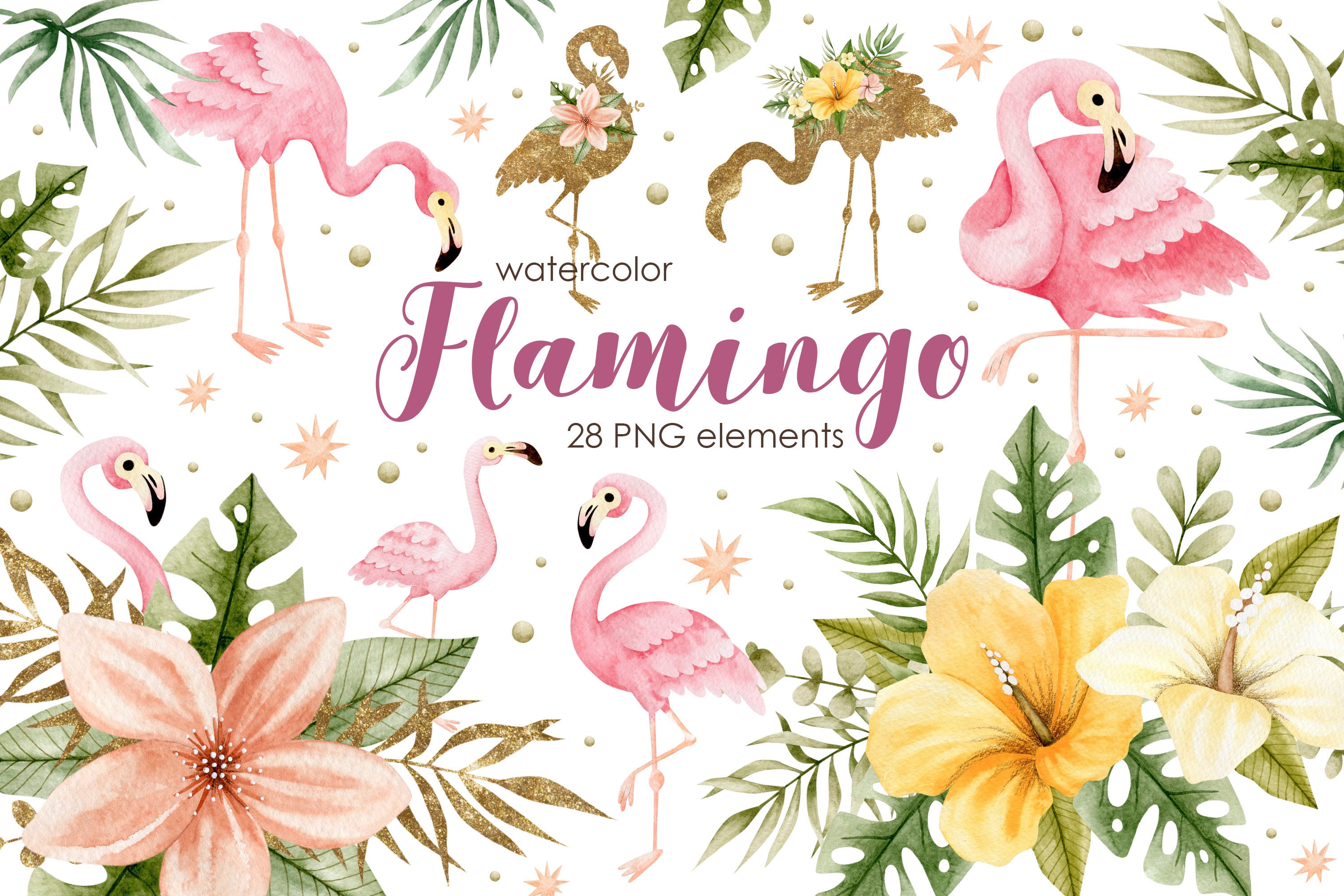 Watercolor Flamingo Clipart, Tropical Summer Clipart, Tropical Floral ...