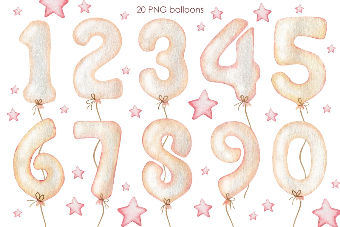 Watercolor Number Balloons Clipart: Pink Glitter Party (digital ...