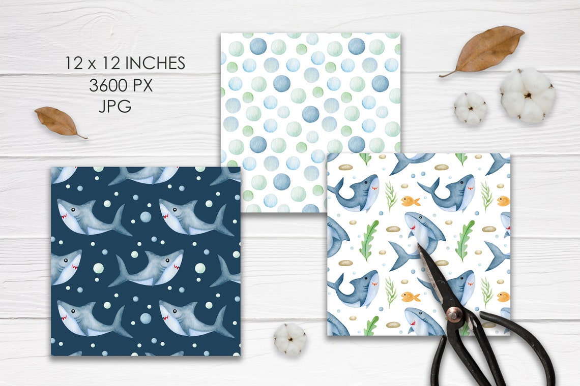 Watercolor Shark Digital Paper Pack Sea Animals Download | Etsy