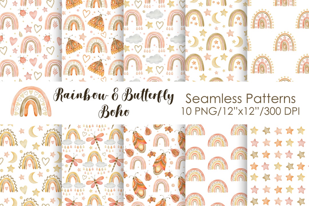 Watercolor Boho Rainbow, Butterfly Digital Paper Pack , Nursery ...