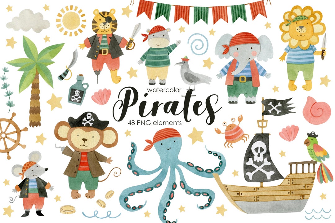 Watercolor Pirates Clipart, Instant Download, Pirate Ship, Pirate Party ...