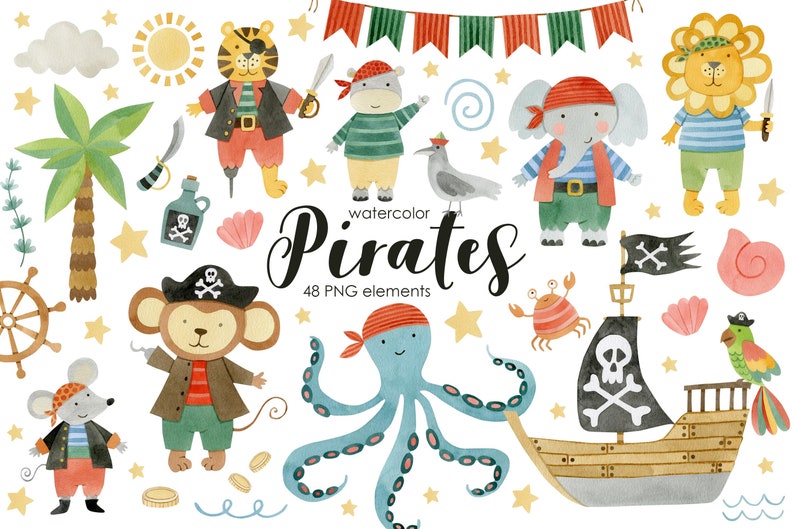 Watercolor Pirates Clipart, Instant Download, Pirate Ship, Pirate Party ...