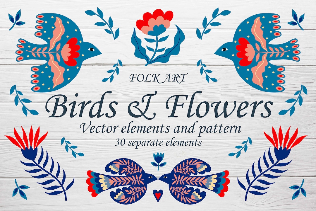 Folk Art Birds and Flowers Clipart: Handpainted Bouquets (digital ...