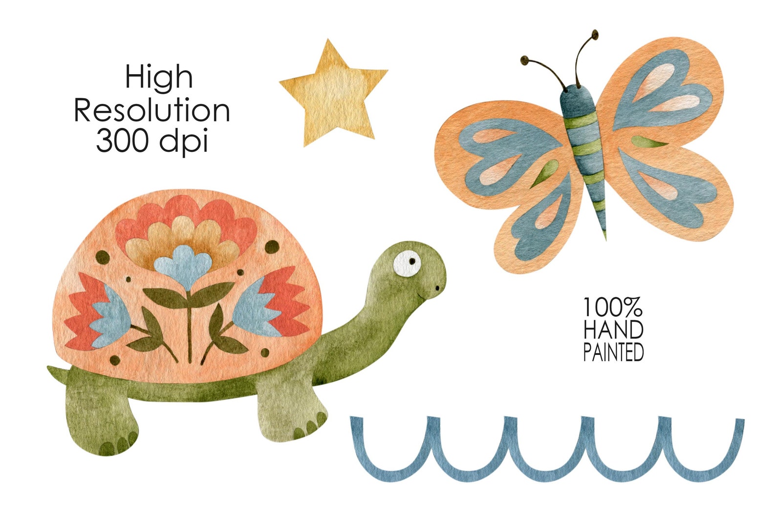 Cute Watercolor Turtle & Rainbow Clipart, Sea Clipart, Underwater ...