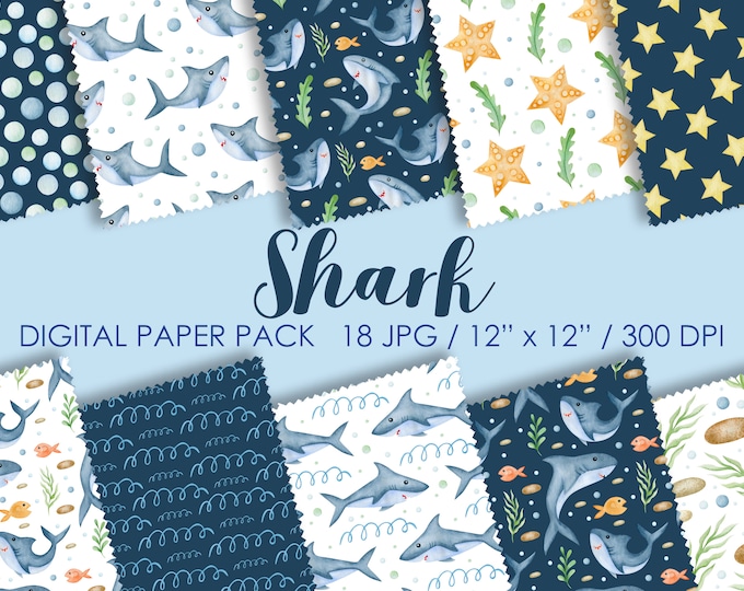 Watercolor Shark Digital Paper Pack Sea Animals Download - Etsy