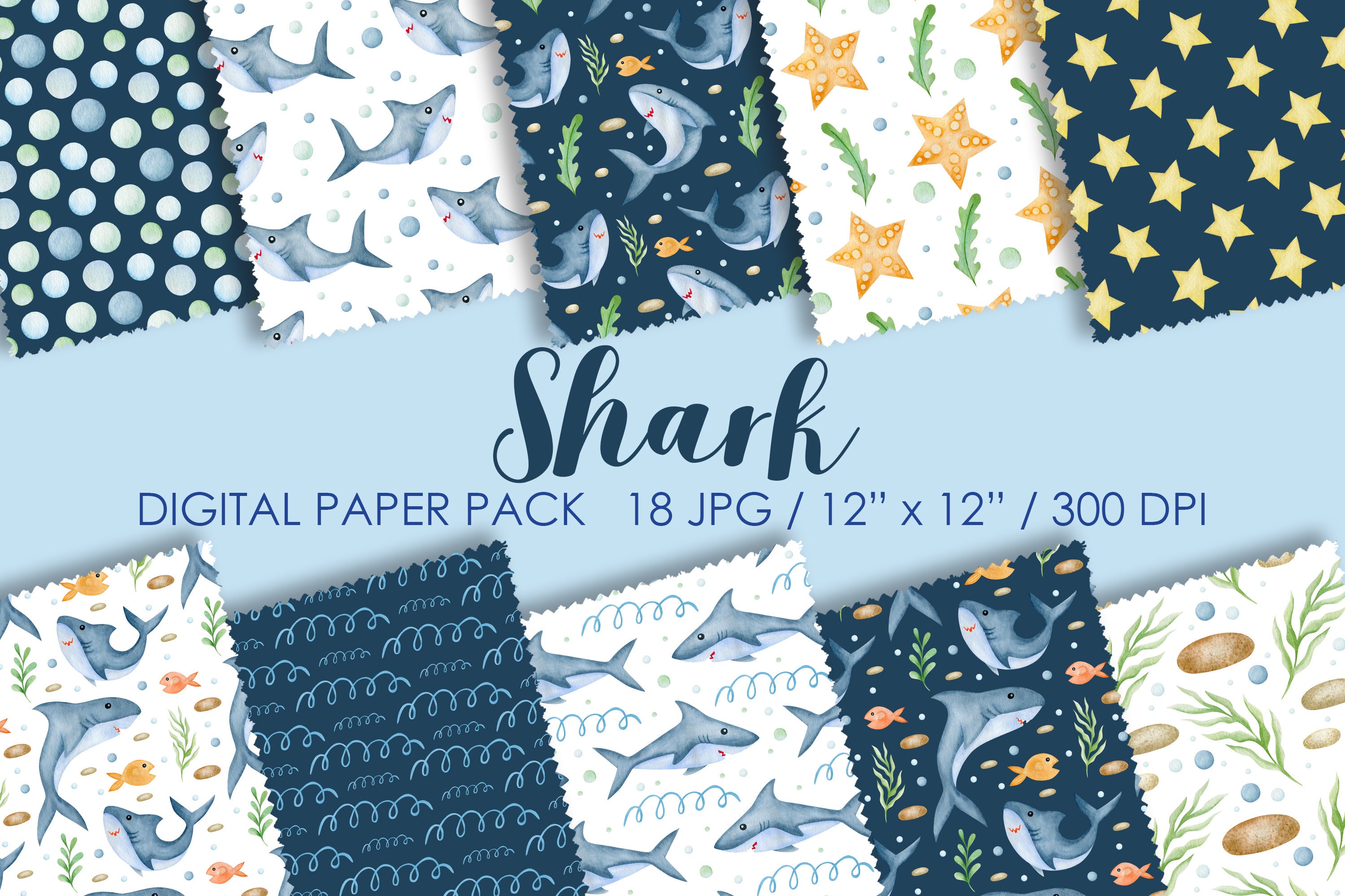 Watercolor Shark Digital Paper Pack Sea Animals Download - Etsy