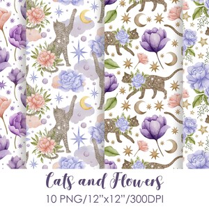 Watercolor Cats and Flowers Seamless Pattern, Cat Digital Paper Pack ...