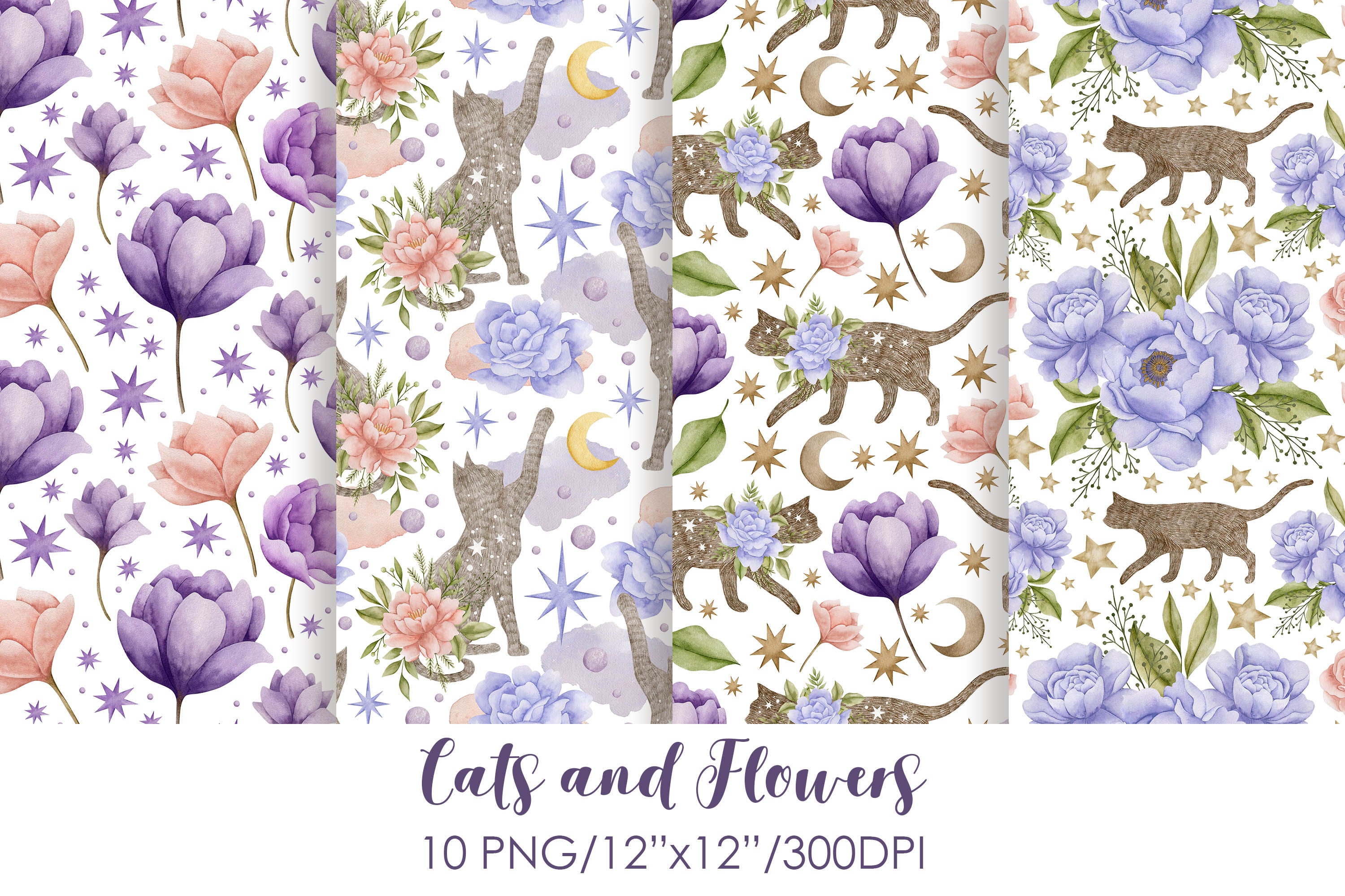 Watercolor Cats and Flowers Seamless Pattern Cat Digital - Etsy