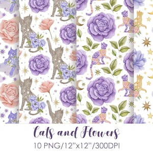 Watercolor Cats and Flowers Seamless Pattern: Digital Paper (PNG) - Etsy