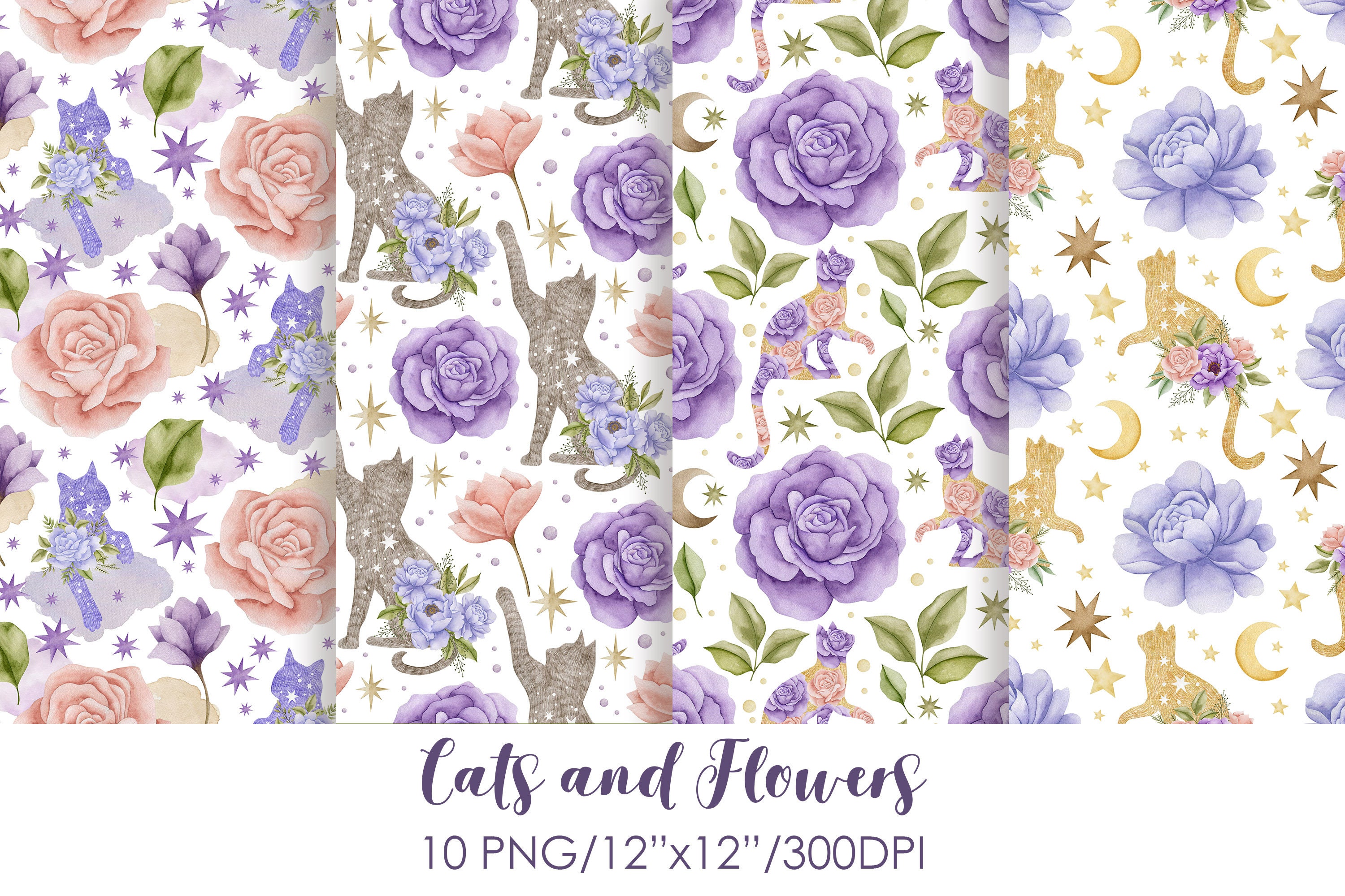 Watercolor Cats and Flowers Seamless Pattern Cat Digital - Etsy