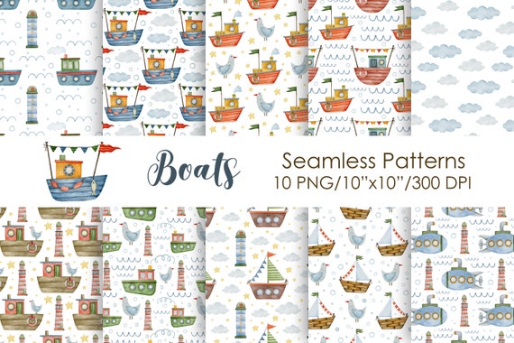 Watercolor Boat Seamless Patterns Nautical Digital Paper | Etsy
