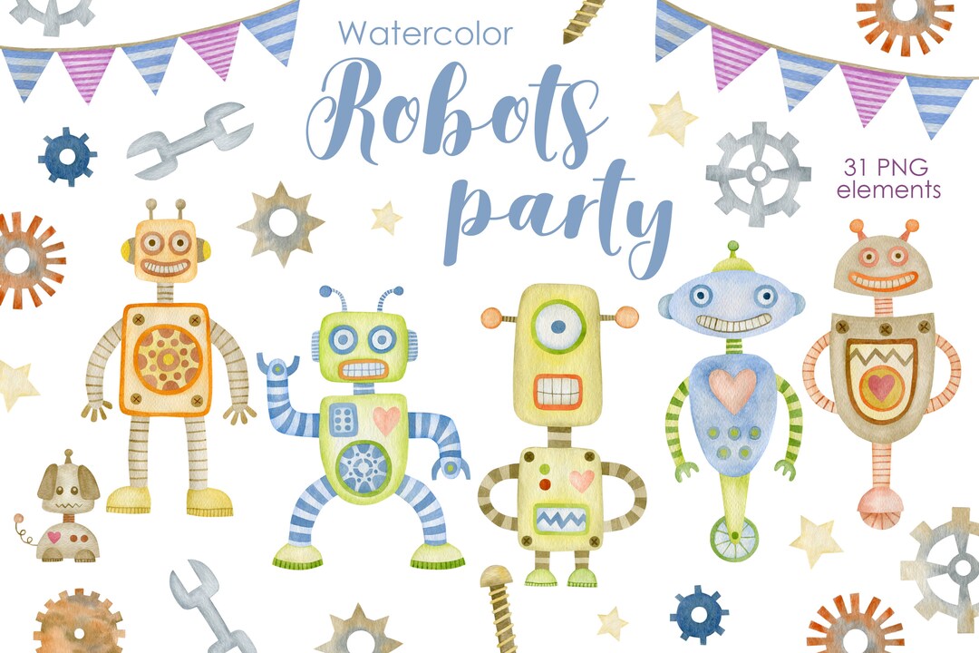 Watercolor Robots Clipart, Digital Download, Robots PNG, Birthday Boy ...