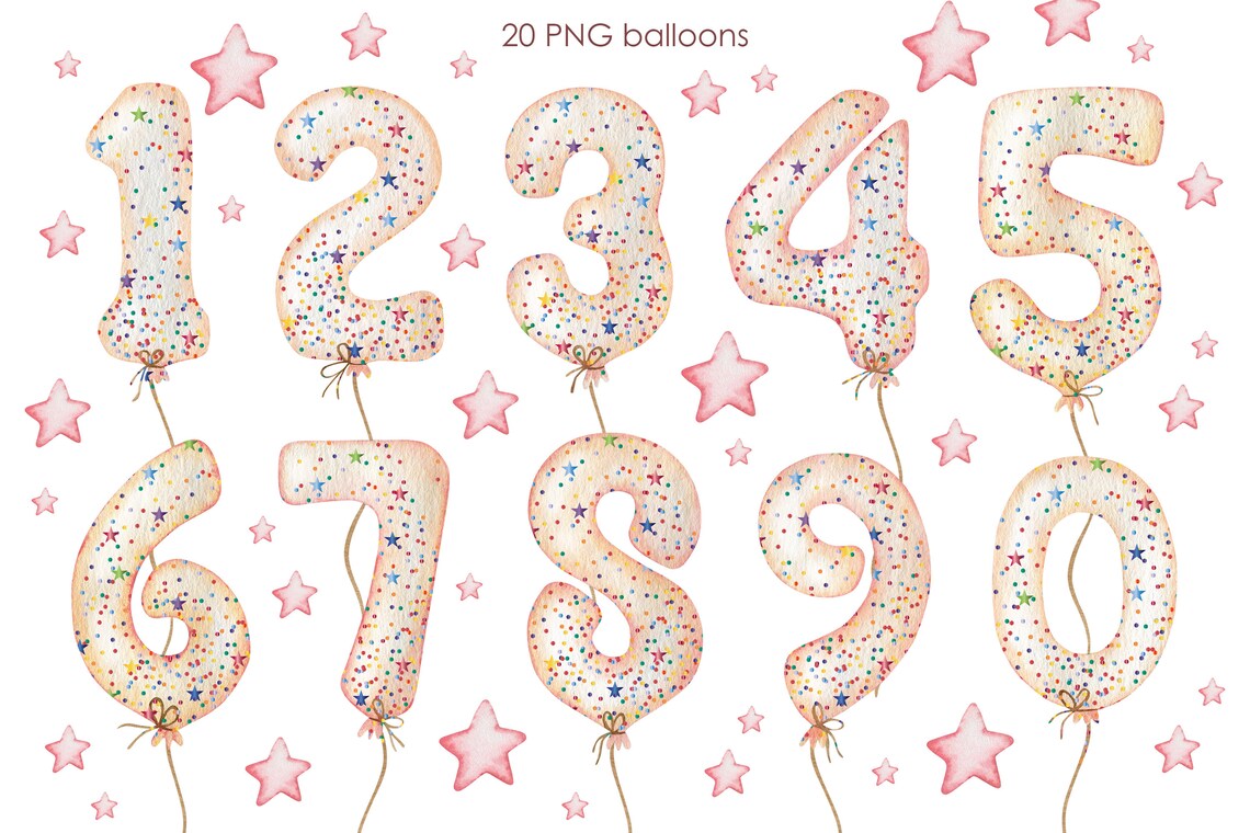 Watercolor Number Pink Balloons Clipart, Planner Stickers, Birthday ...