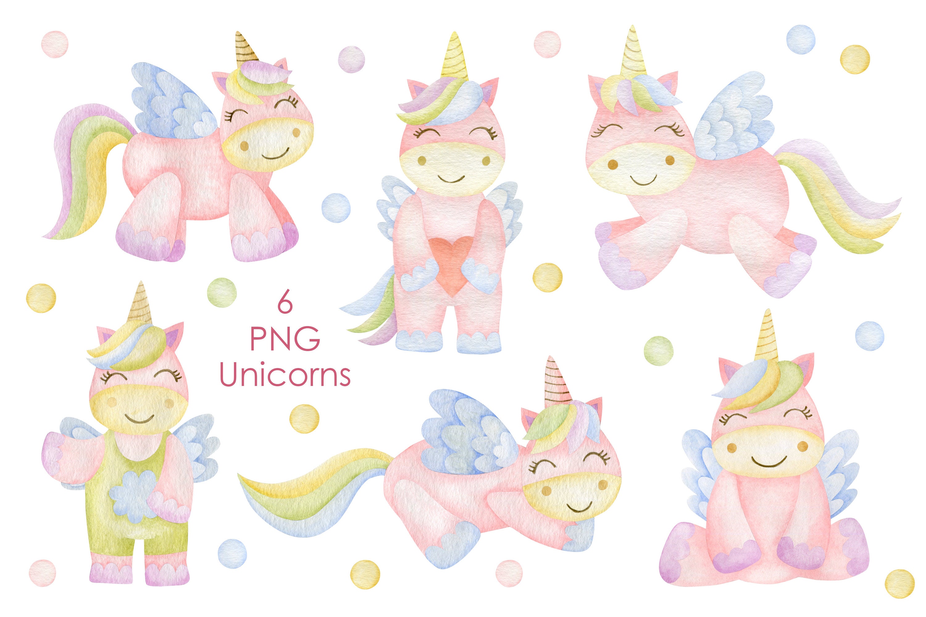 Watercolor Unicorns Clipart, Rainbow Unicorns, Instant Download, Hearts ...