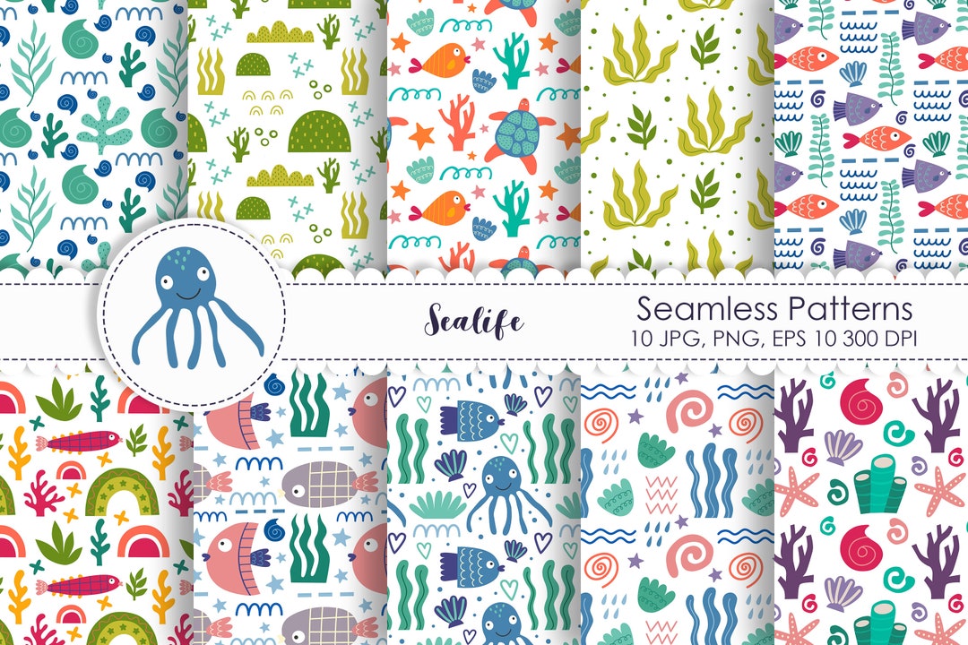 Sea Life Digital Paper, Sea Seamless Pattern, Ocean Life, Under the Sea ...