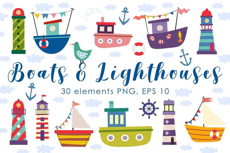 Boats and Lighthouse Clipart, Nautical Bundle Png, Nautical Clipart ...