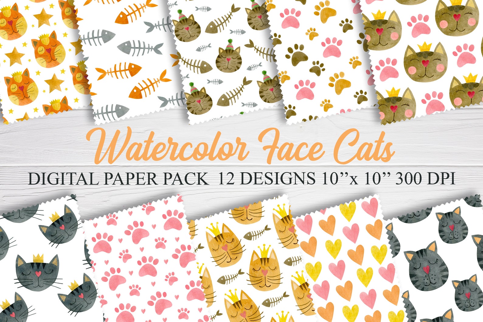 Cat Seamless Patterns, Cats Face Pattern, Hand Drawn, Watercolor Cats ...