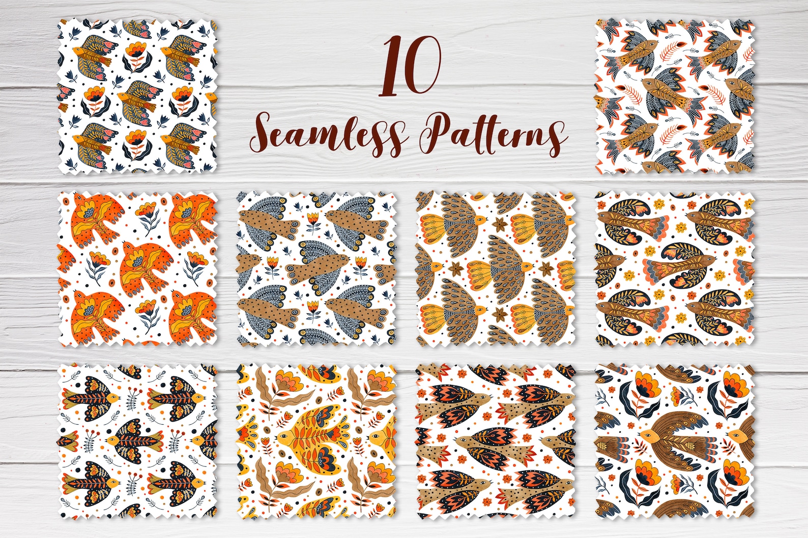 Watercolor Folk Art Birds, Digital Paper Pack Folk Art Birds, Seamless ...