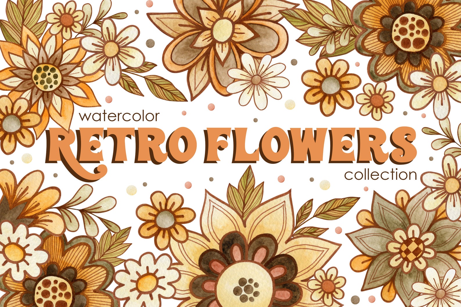 Watercolor Retro Flowers Clipart, Groovy Boho Digital Clipart, Hippie ...