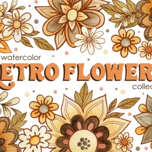 Watercolor Retro Flowers Clipart, Groovy Boho Digital Clipart, Hippie ...