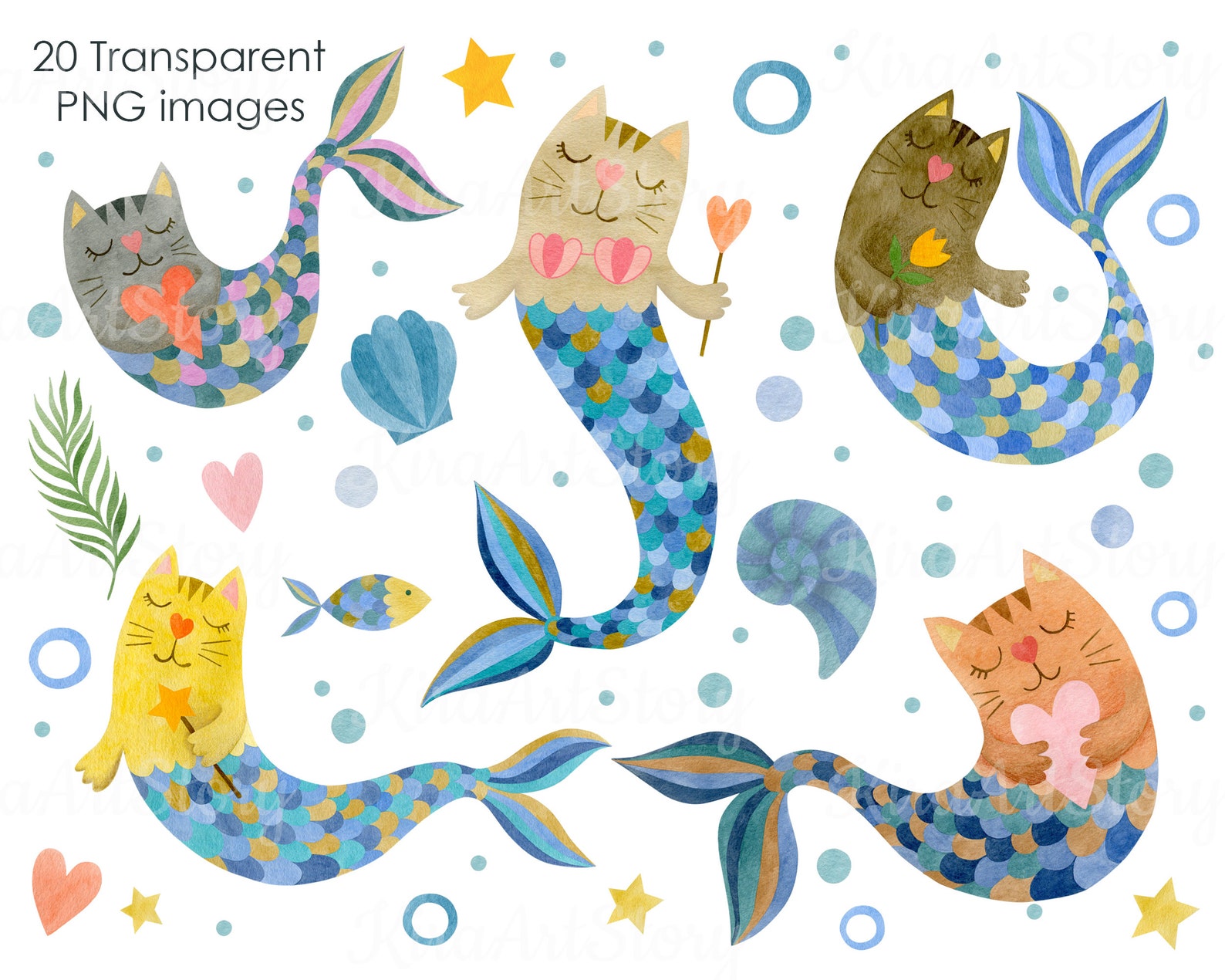 Watercolor Mermaid Cats Clipart Mercat Clipart Mermaid | Etsy