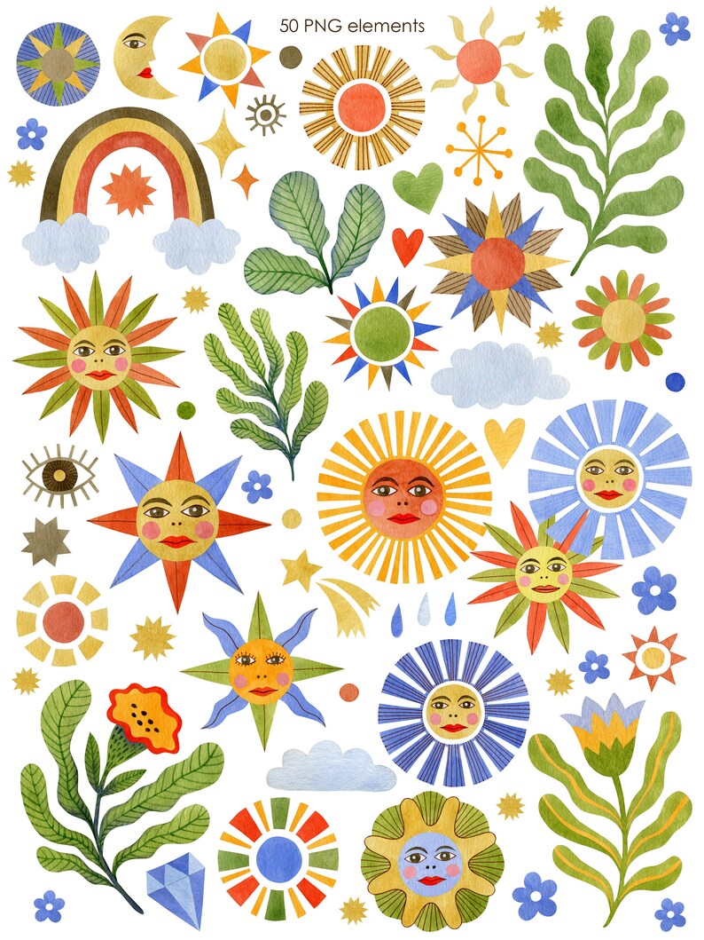 Watercolor Sun Clipart, Hand Painted Digital Sun Clip Art, Yellow ...