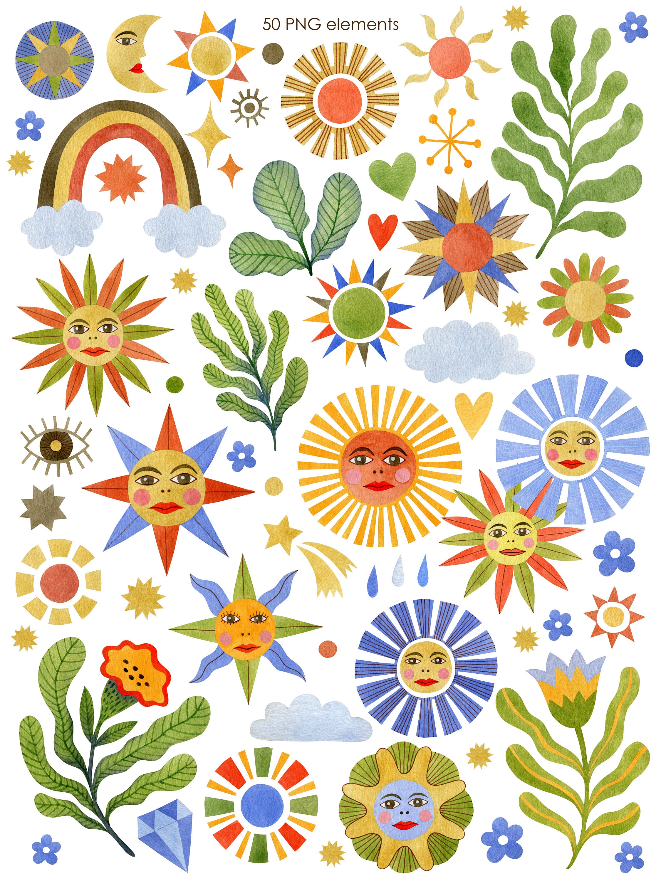 Watercolor Sun Clipart, Hand Painted Digital Sun Clip Art, Yellow ...