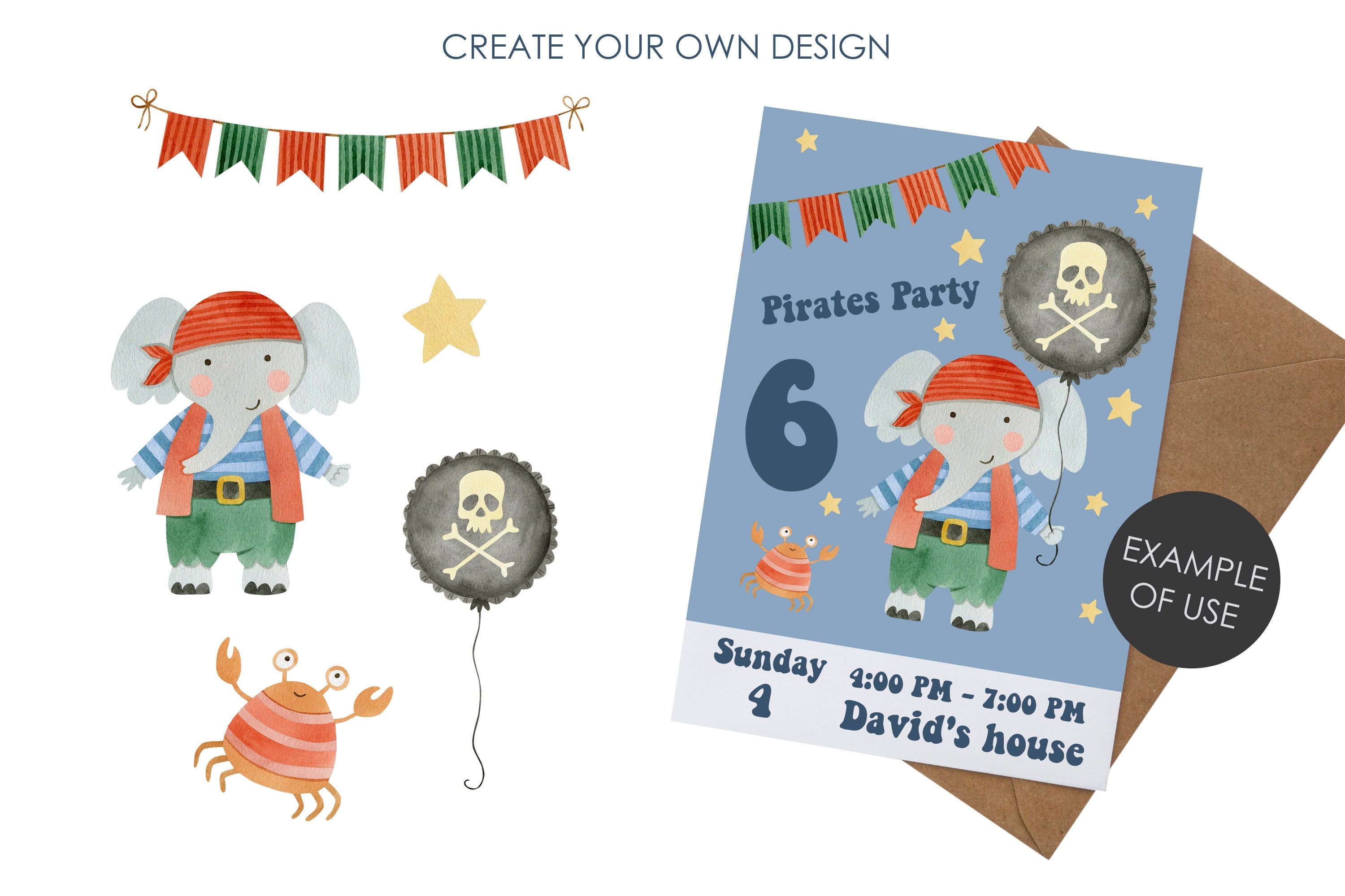 Watercolor Pirates Clipart, Instant Download, Pirate Ship, Pirate Party ...