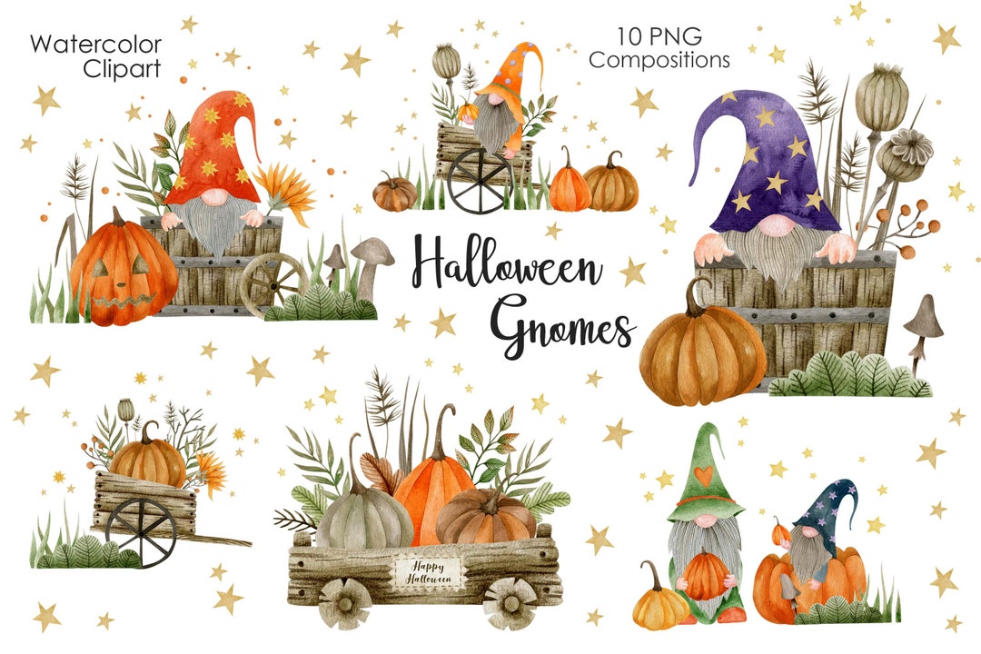 Watercolor Halloween Gnomes Clipart: Pumpkin Party PNG (digital ...