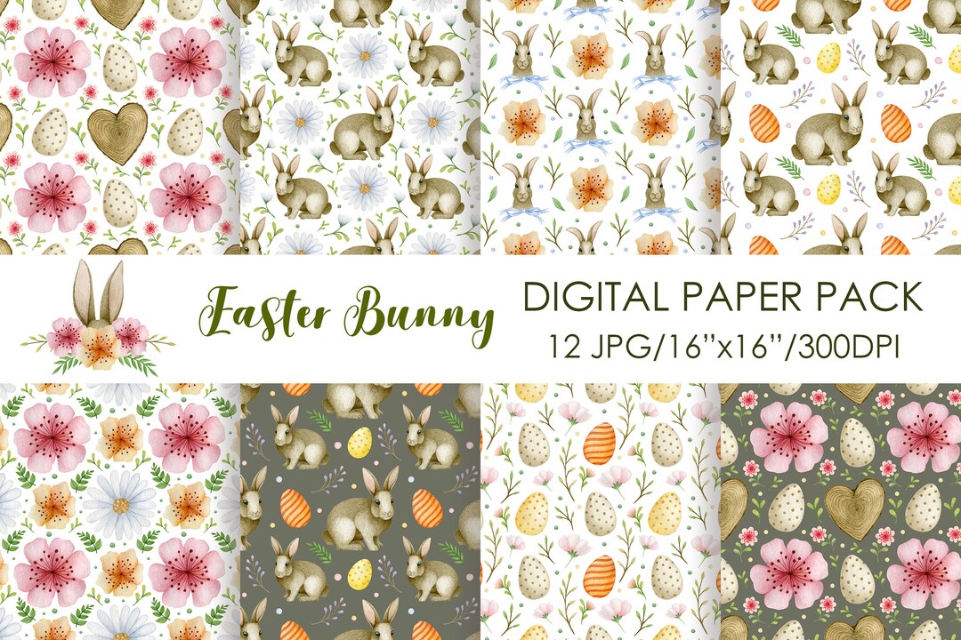 Watercolor Easter Bunny Digital Paper Pack, Paper Bag, Instant Download ...