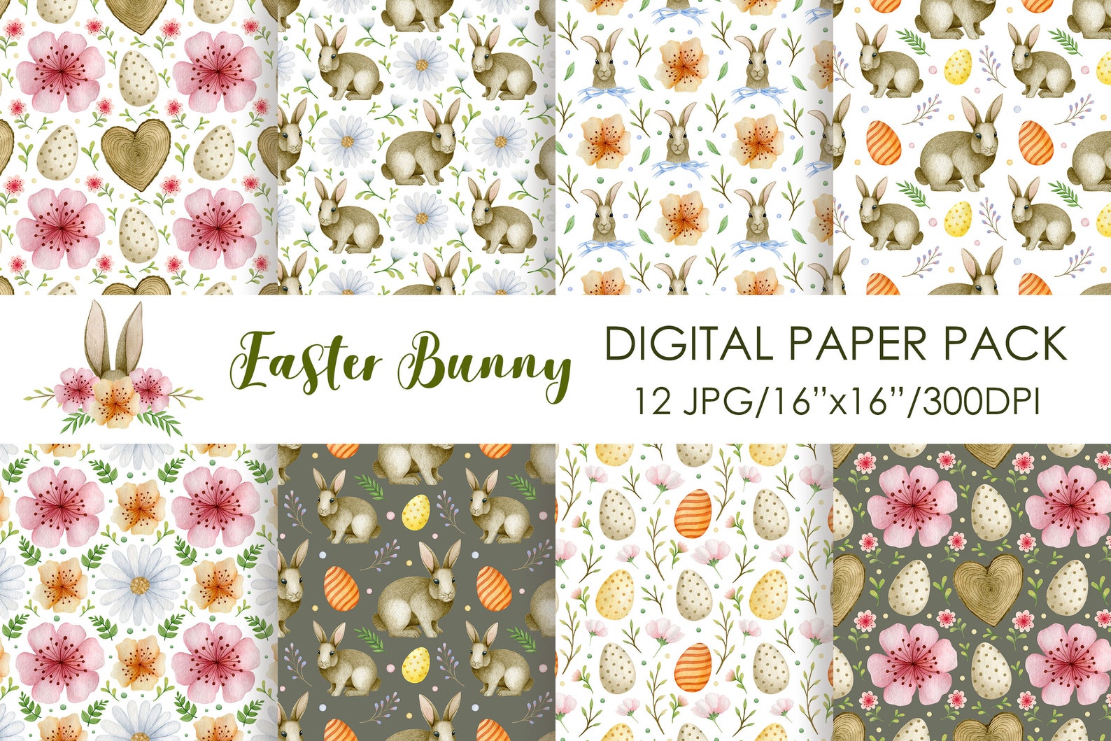 Watercolor Easter Bunny Digital Paper Pack, Paper Bag, Instant Download ...