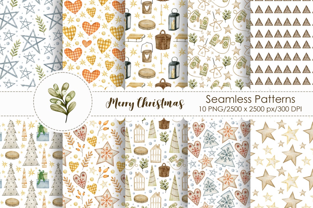 Watercolor Merry Christmas Digital Paper Pack, Winter Seamless Patterns ...