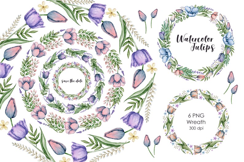 Watercolor Wreath Purple Tulip, Spring Floral Wreath, Frames Flower ...